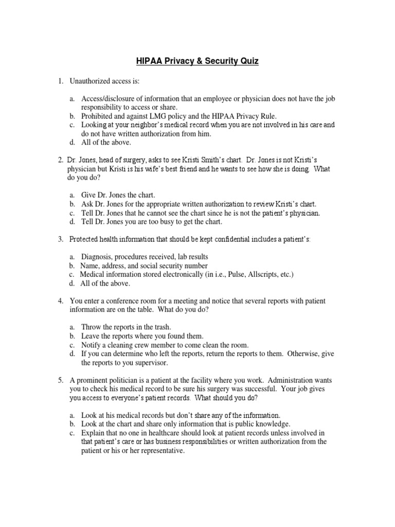 HIPAA Privacy & Security Quiz | Download Free PDF | Health Insurance ...