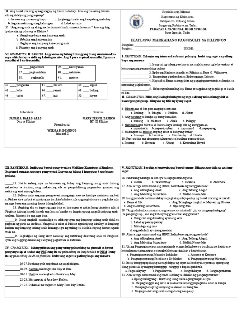 Grade 9 Third Quarter - Exam | PDF