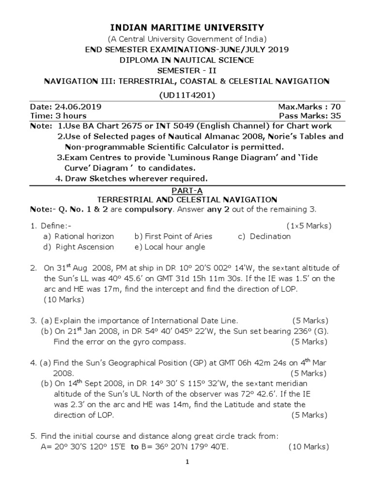IMU exam questions on navigation, chartwork and tides | PDF | Navigation | Astronomy