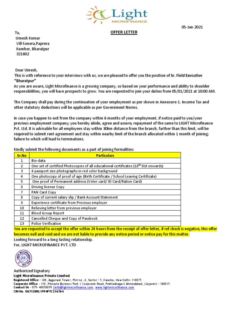 Umesh Kumar-Offer Letter | PDF | Identity Document | Employment