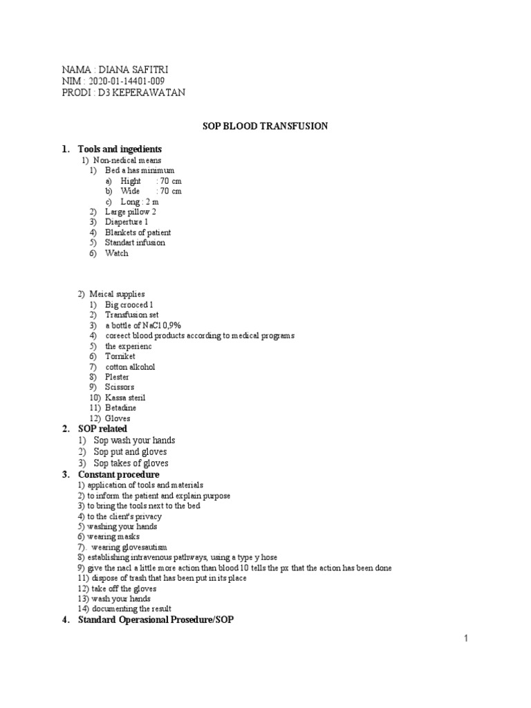 SOP Blood Tranfussion | Download Free PDF | Blood Transfusion | Blood
