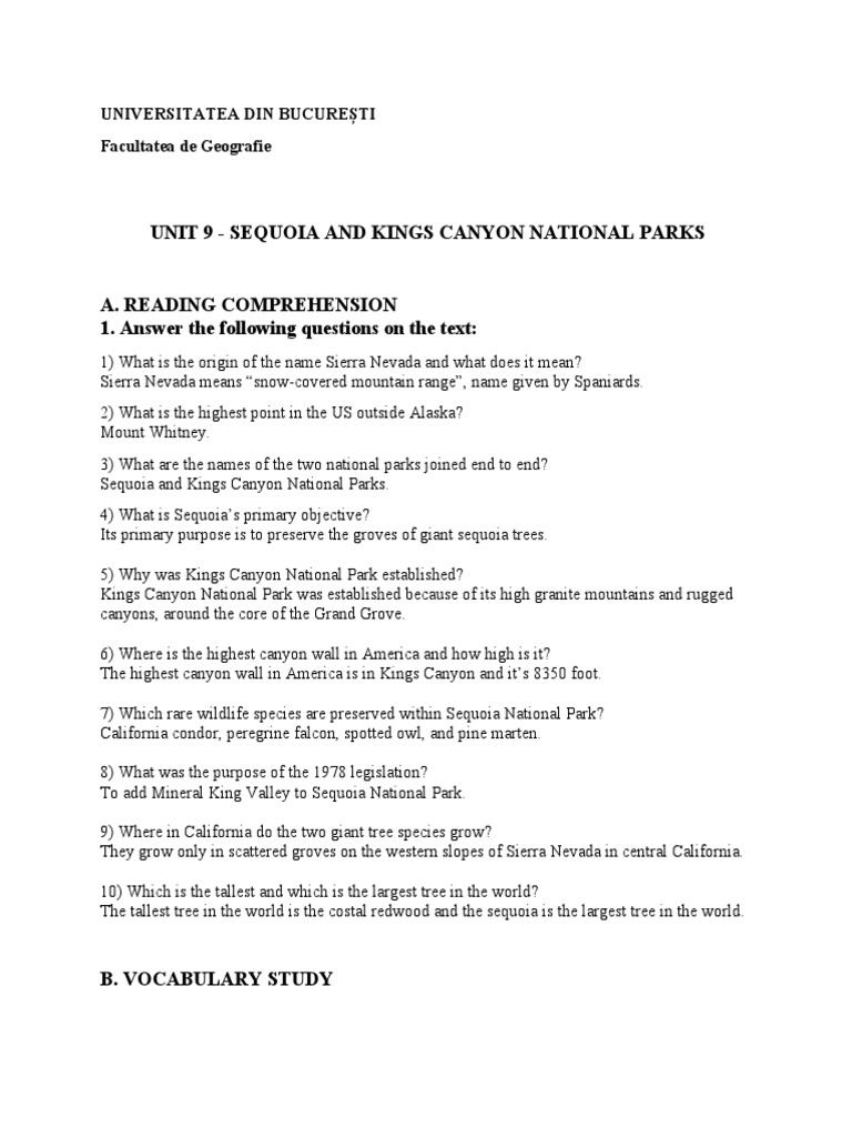 Unit 9 - Sequoia and Kings Canyon National Parks A. Reading ...