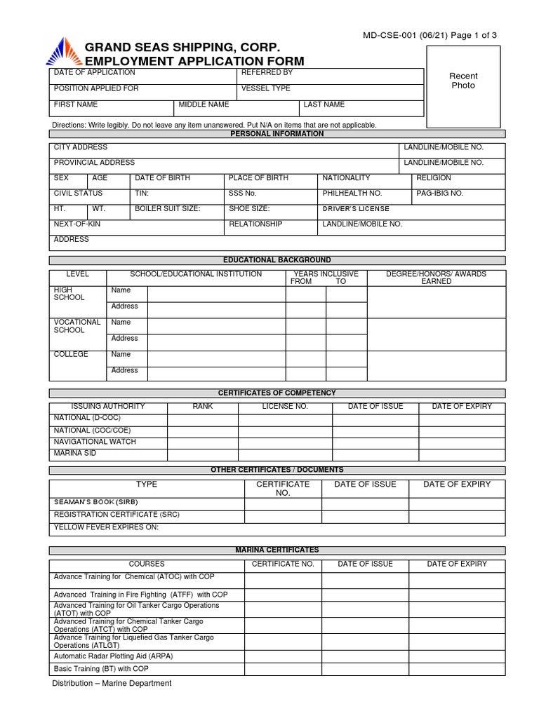 Marine Employment Application Form | PDF | Water Transport | Shipping
