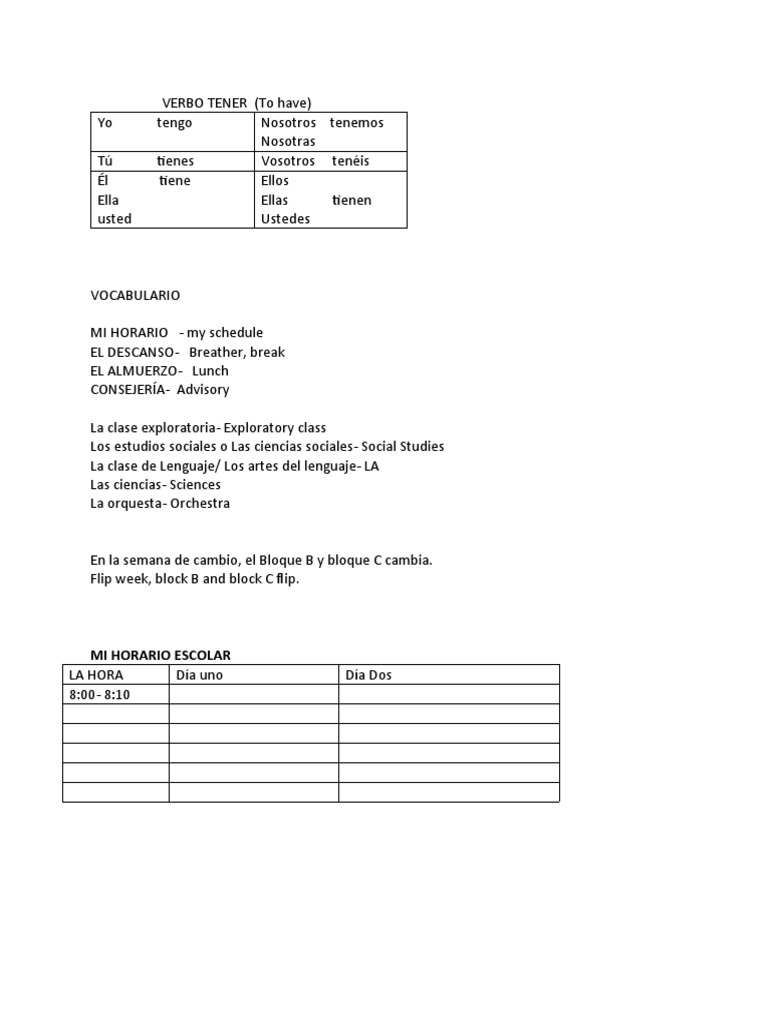 Mi Horario - Vocabulario | PDF | Artes del Lenguaje y Comunicación