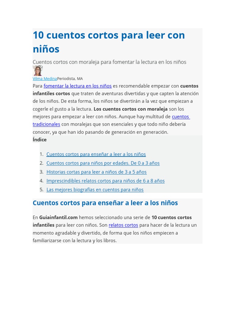 10 Cuentos Cortos Para Leer Con Niños Pdf