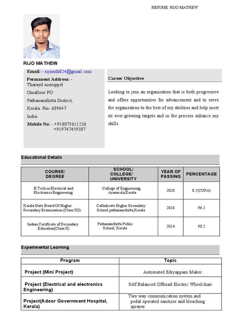 Rijo Mathew Email: - Permanent Address: - Career Objective | PDF ...