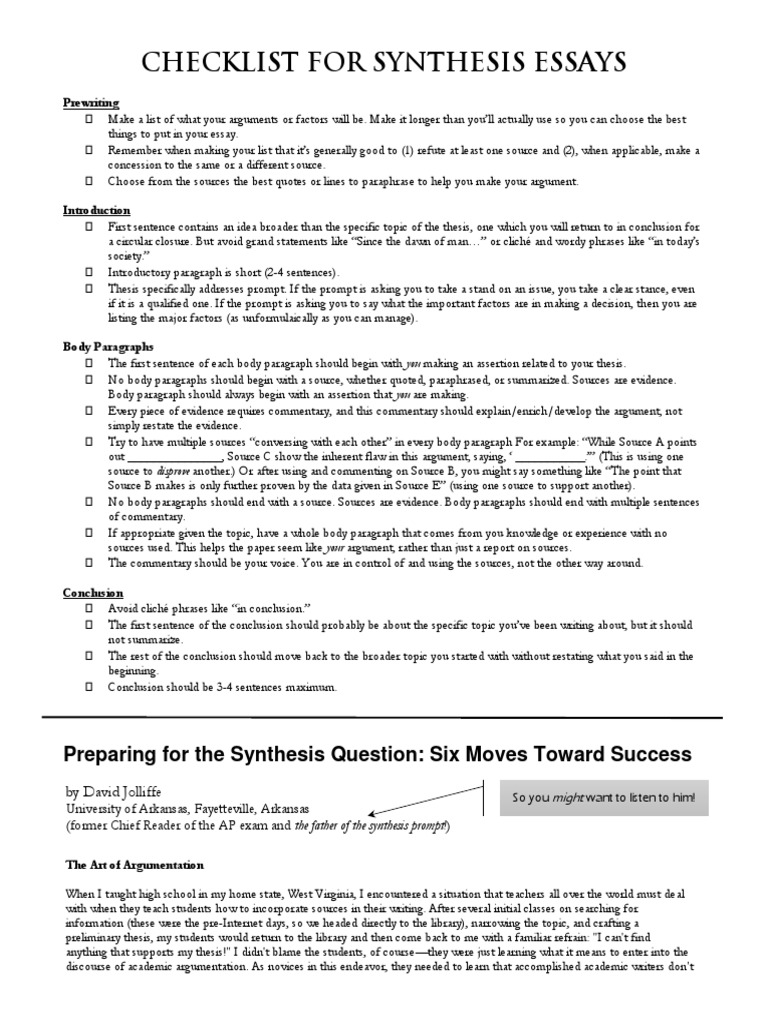 Synthesis Essay Writing Checklist | PDF | Cognitive Science | Cognition