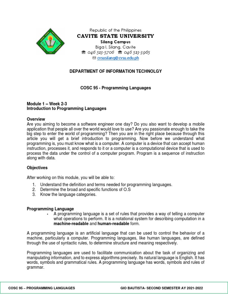 Module 1 - COSC95 - Introduction To Programming Languages - VCB | PDF ...