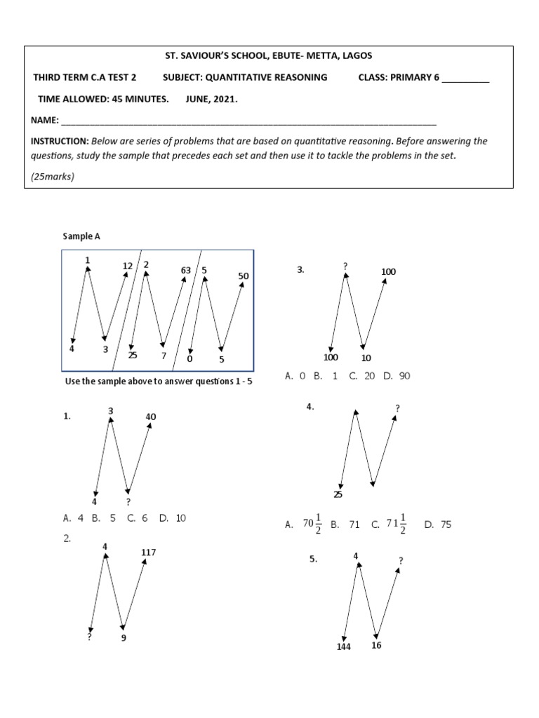 Primary 6 Quantitative Reasoning Practice Test with Sample Problems | PDF