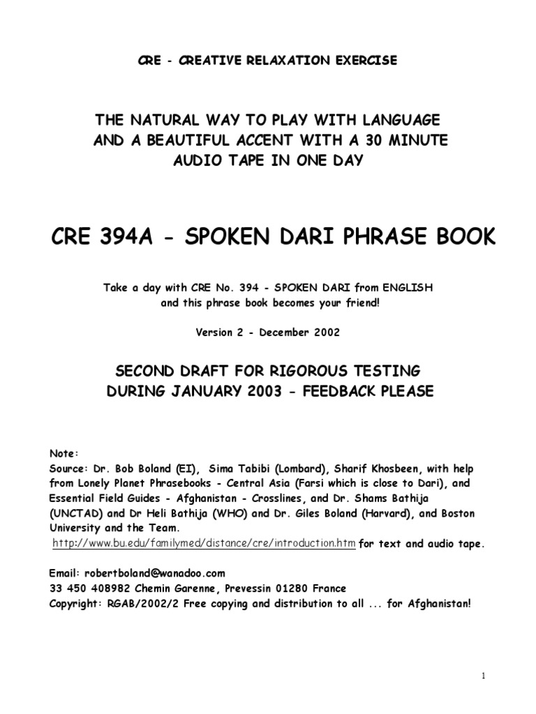 CRE - Dari From English. Spoken Dari Phase Book | PDF | Persian ...