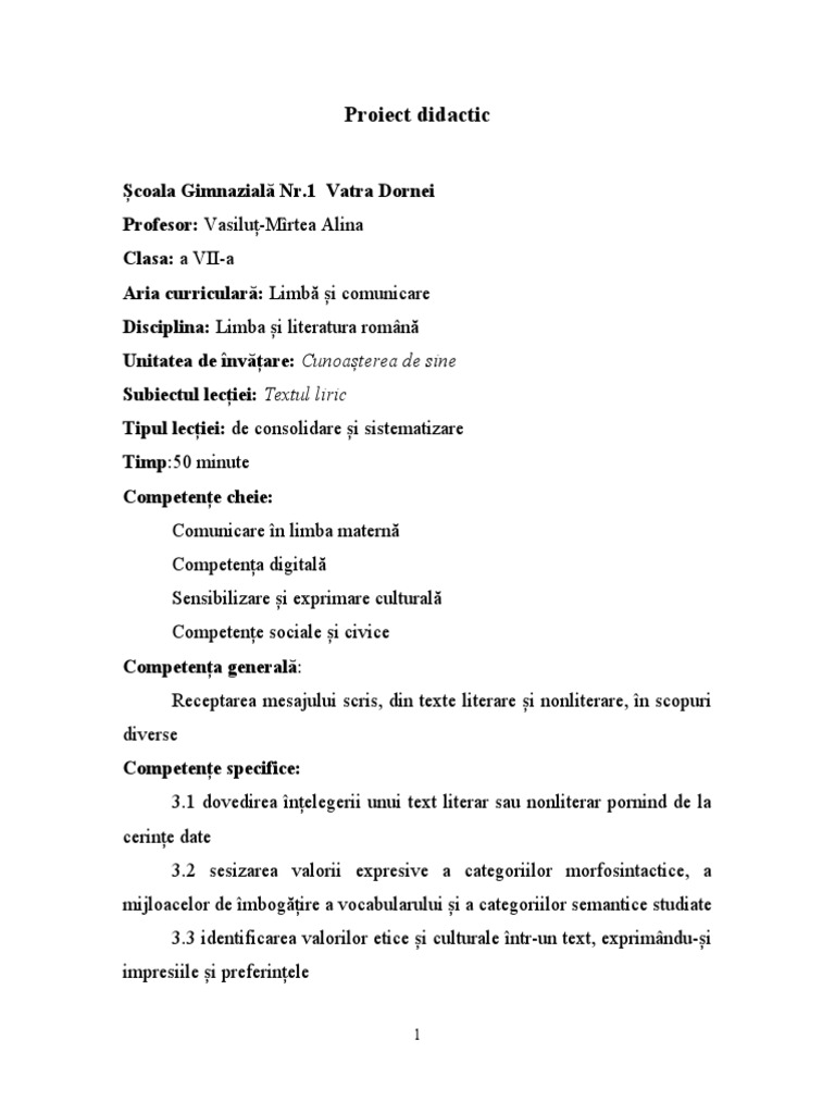 Textul Liric 7 Proiect Didactic | PDF
