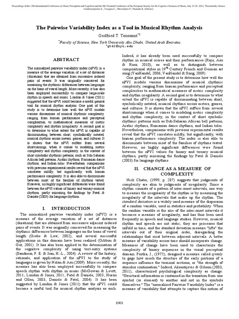 Toussaint - The Pairwise Variability Index As A Tool in Musical Rhythm ...