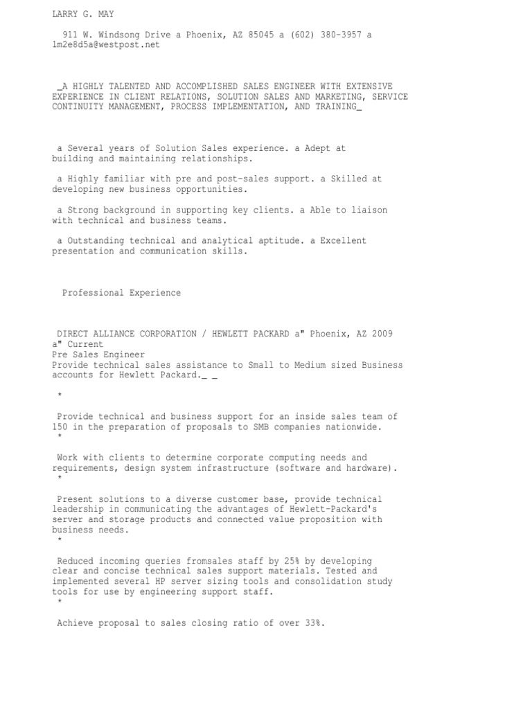 Pre-Sales Engineer / Solution Architect | PDF | Hewlett Packard ...