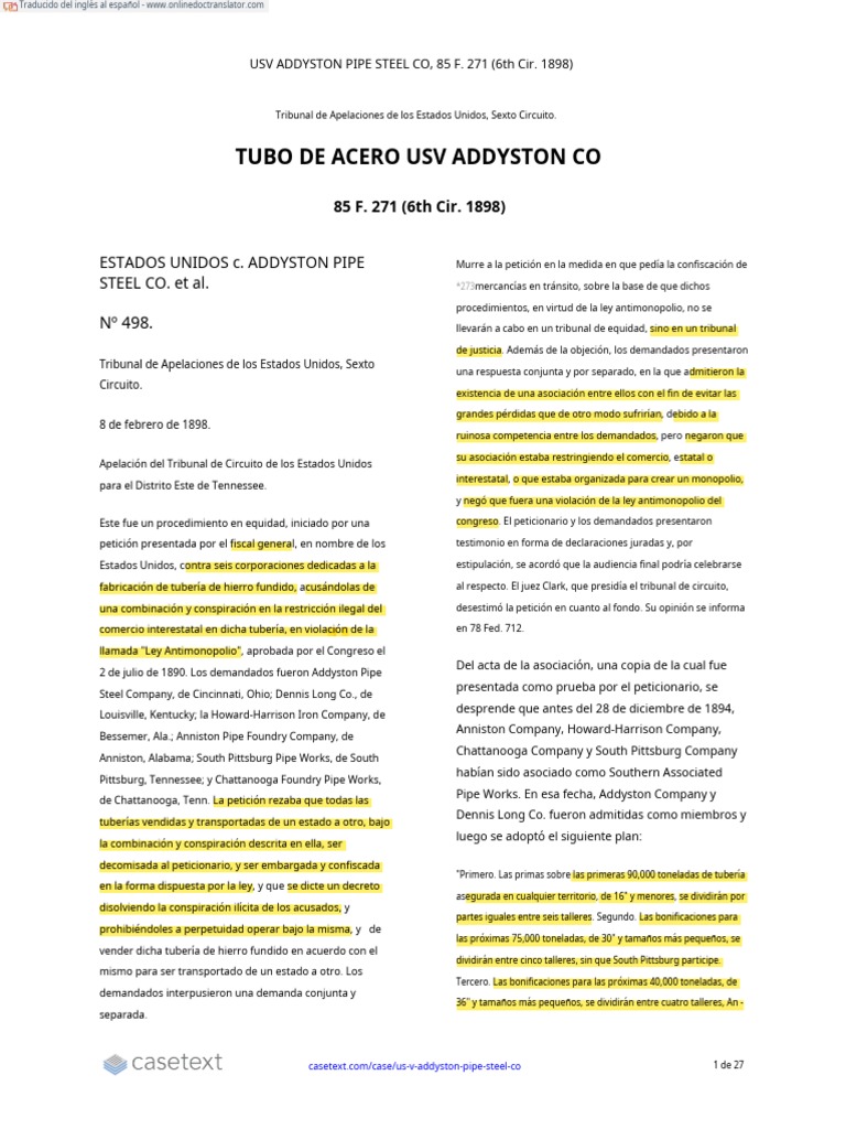 U.S. v. Addyston Pipe Steel (6th Cir. 1898) .En - Es | PDF | Monopolio ...