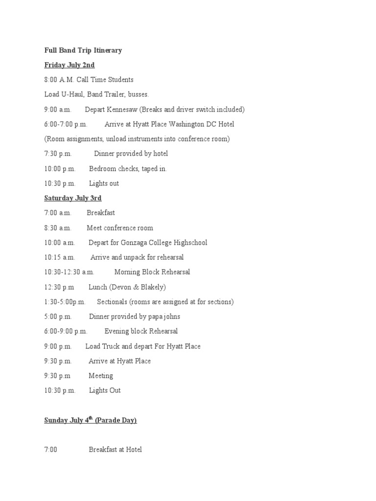 Full Band Trip Itinerary | PDF