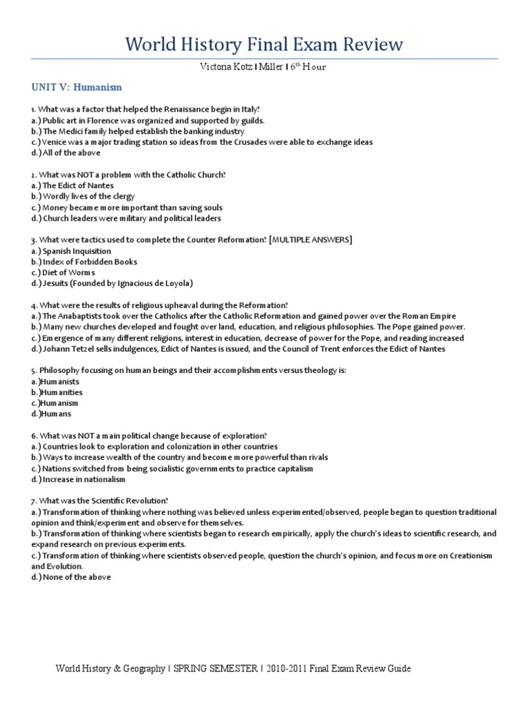 World History Exam Review: Humanism & Revolutions | PDF | Socialism ...