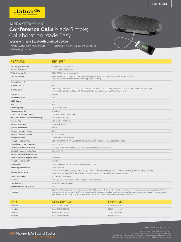 Jabra Speak 810 Techspec 2021 Web | PDF | Bluetooth | Usb