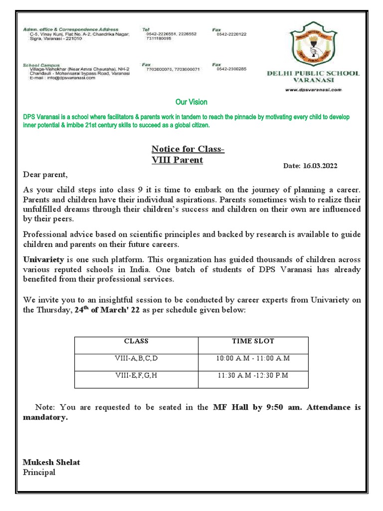 Notice For Class-VIII Parent: Our Vision | PDF
