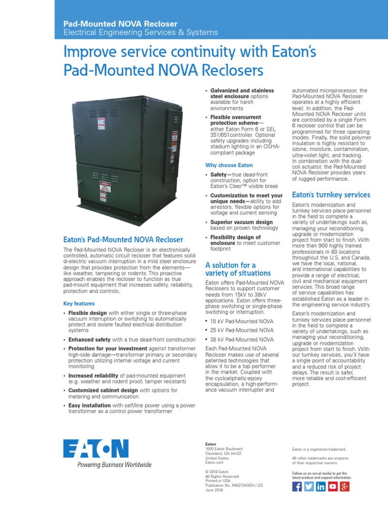 Improve Service Continuity With Eaton's Pad-Mounted NOVA Reclosers ...