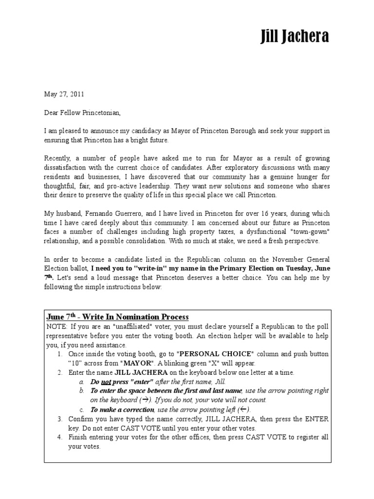 Jachera Letter Anouncing Mayoral Candidacy | Group Decision Making ...