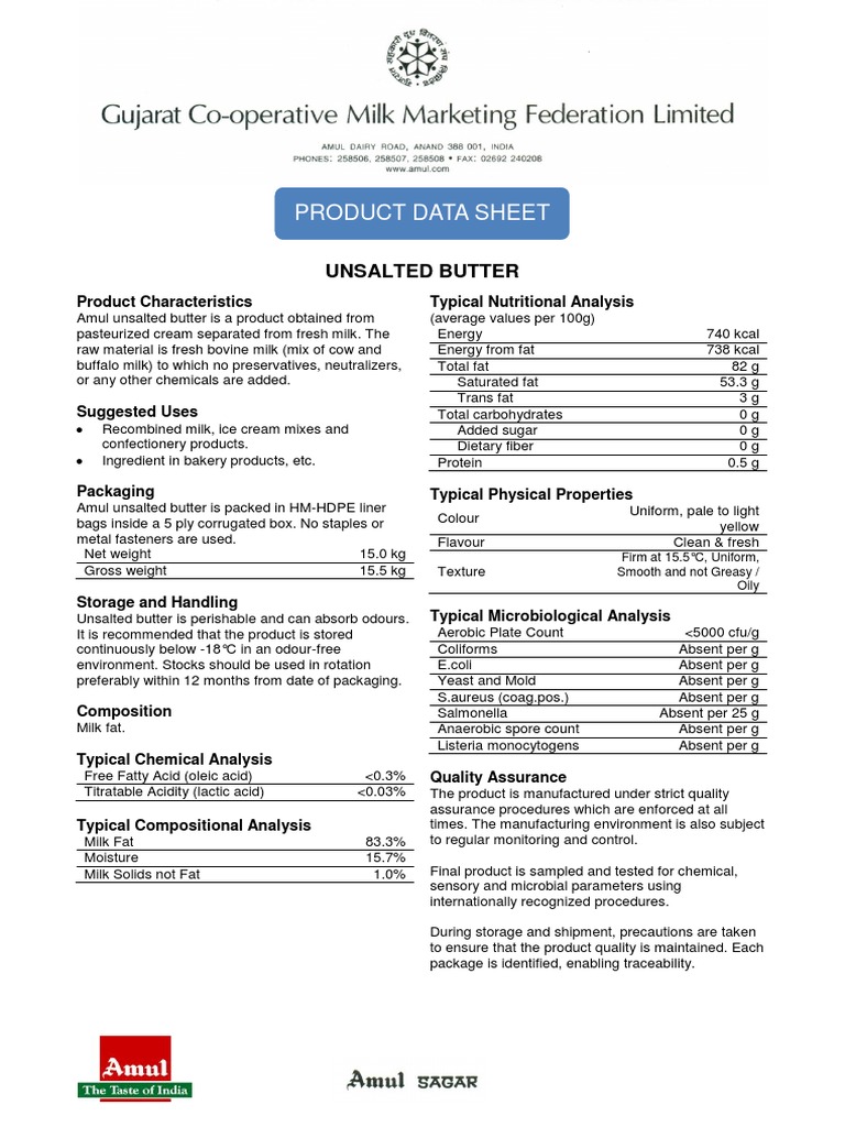 Product Data Sheet: Unsalted Butter | PDF | Fat | Milk