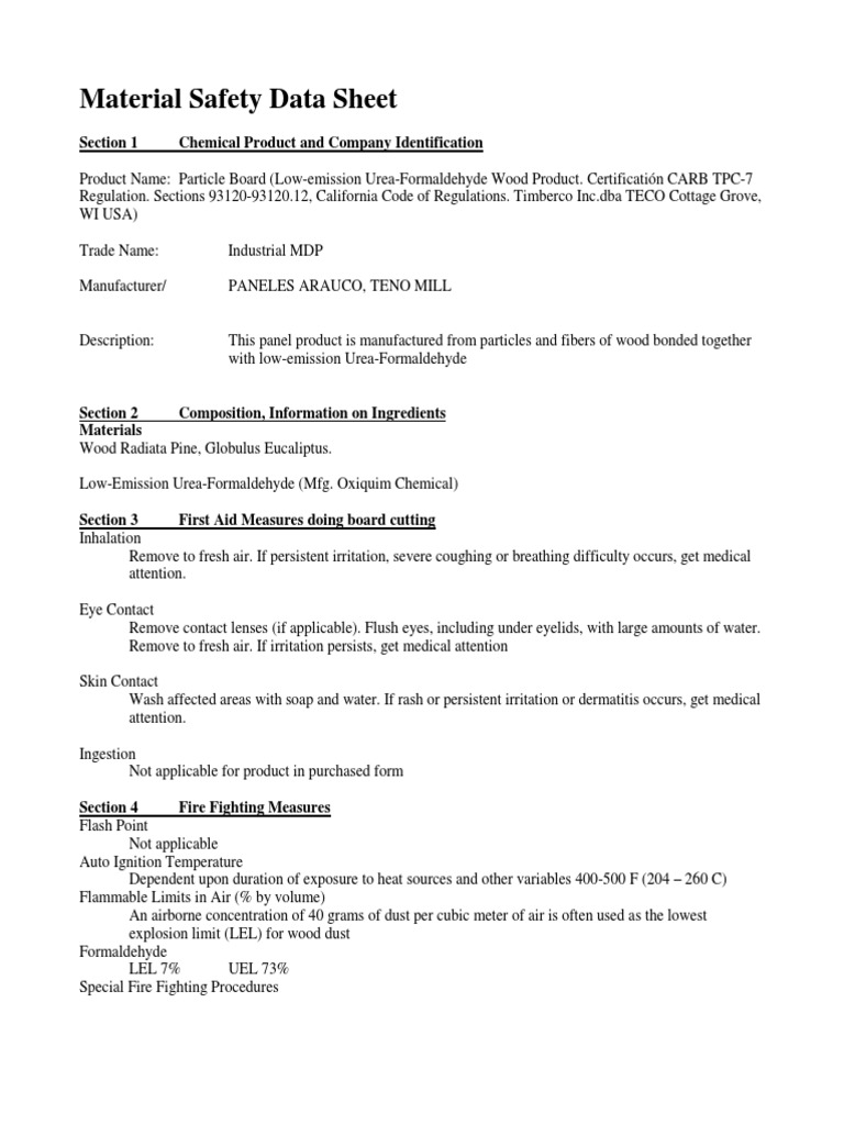Material Safety Data Sheet MDP Teno 1 | PDF | Formaldehyde | Combustion
