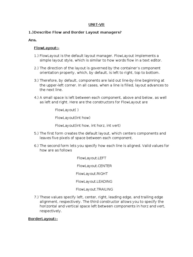 Unit-Vii 1.) Describe Flow and Border Layout Managers? Ans. Flowlayout | Download Free PDF ...