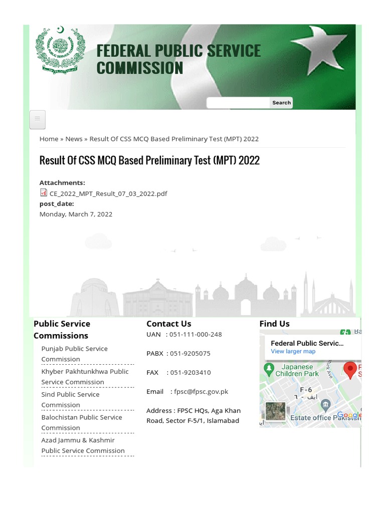 Result of CSS MCQ Based Preliminary Test (MPT) 2022 - Federal Public ...