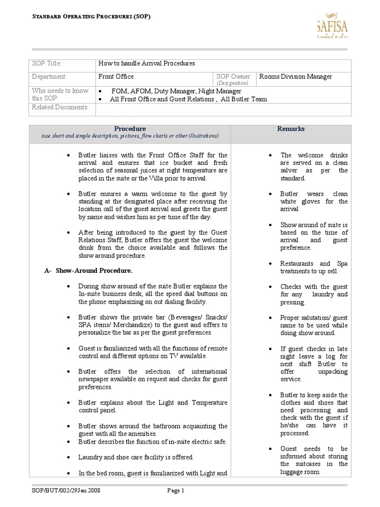 SOP-BUT-002 - How To Handle Arrivals | PDF