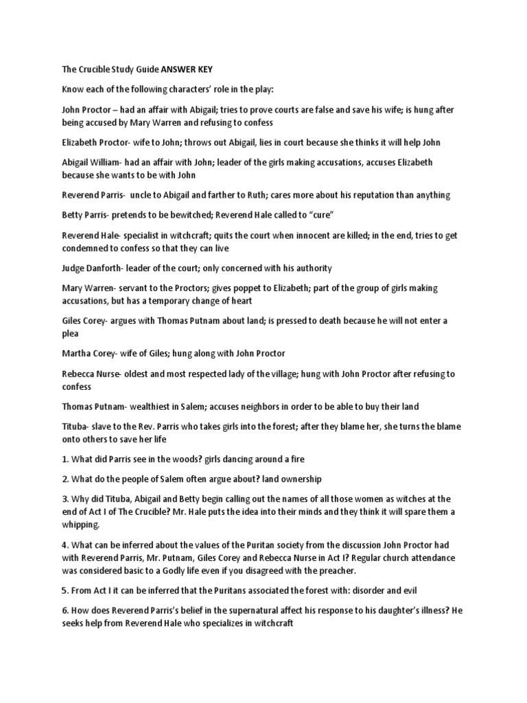 The Crucible Study Guide ANSWER KEY | PDF | Witch Trials | Witch Hunting