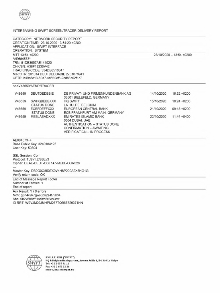 Interbanking Swift Screen - Tracer Delivery Report 23.10.2020 Swift ...