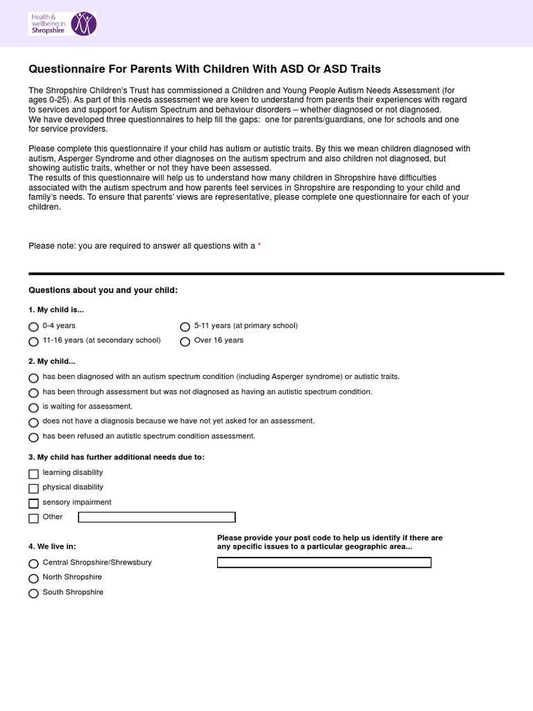 Parent Questionnaire for ASD Insights | PDF | Autism Spectrum | Autism
