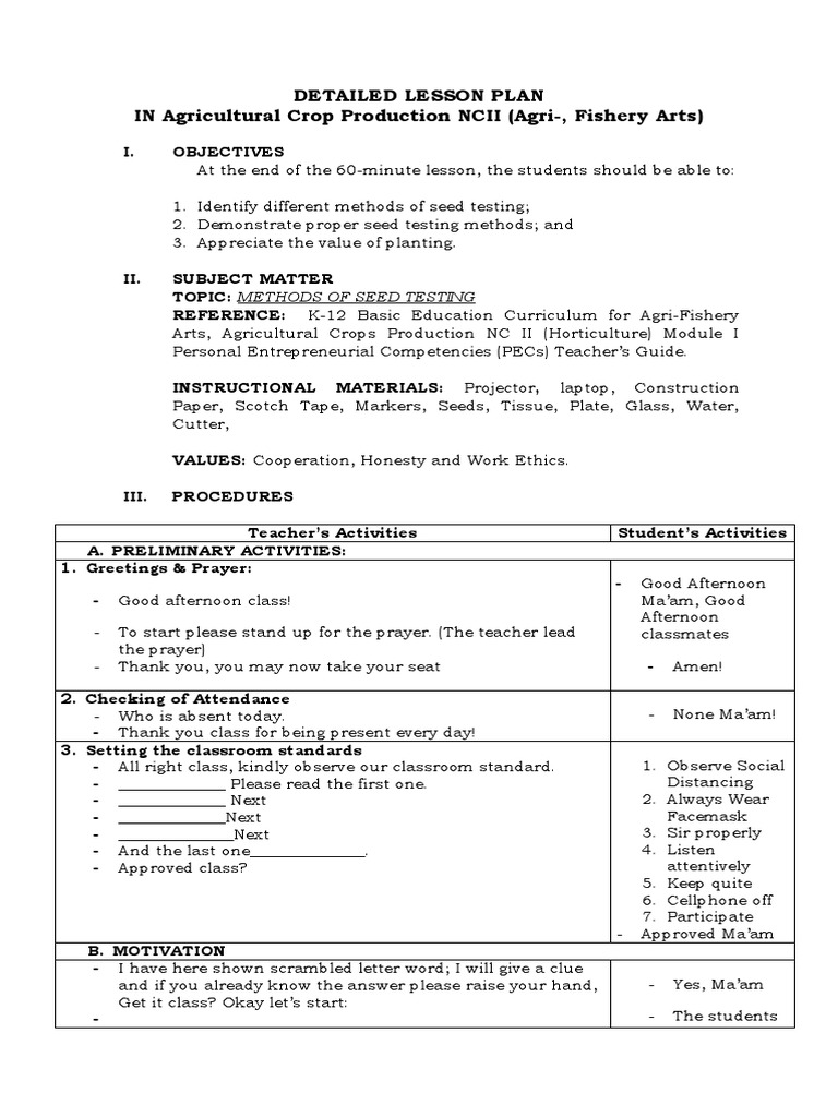 Detailed Lesson Plan IN Agricultural Crop Production NCII (Agri ...
