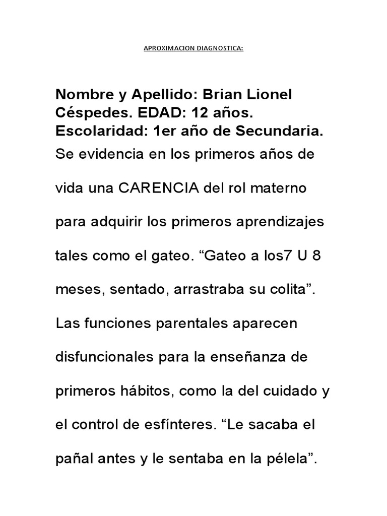 APROXIMACION DIAGNOSTICA, Devolucion y Objetivos Caso Brian | PDF | Aprendizaje | Memoria