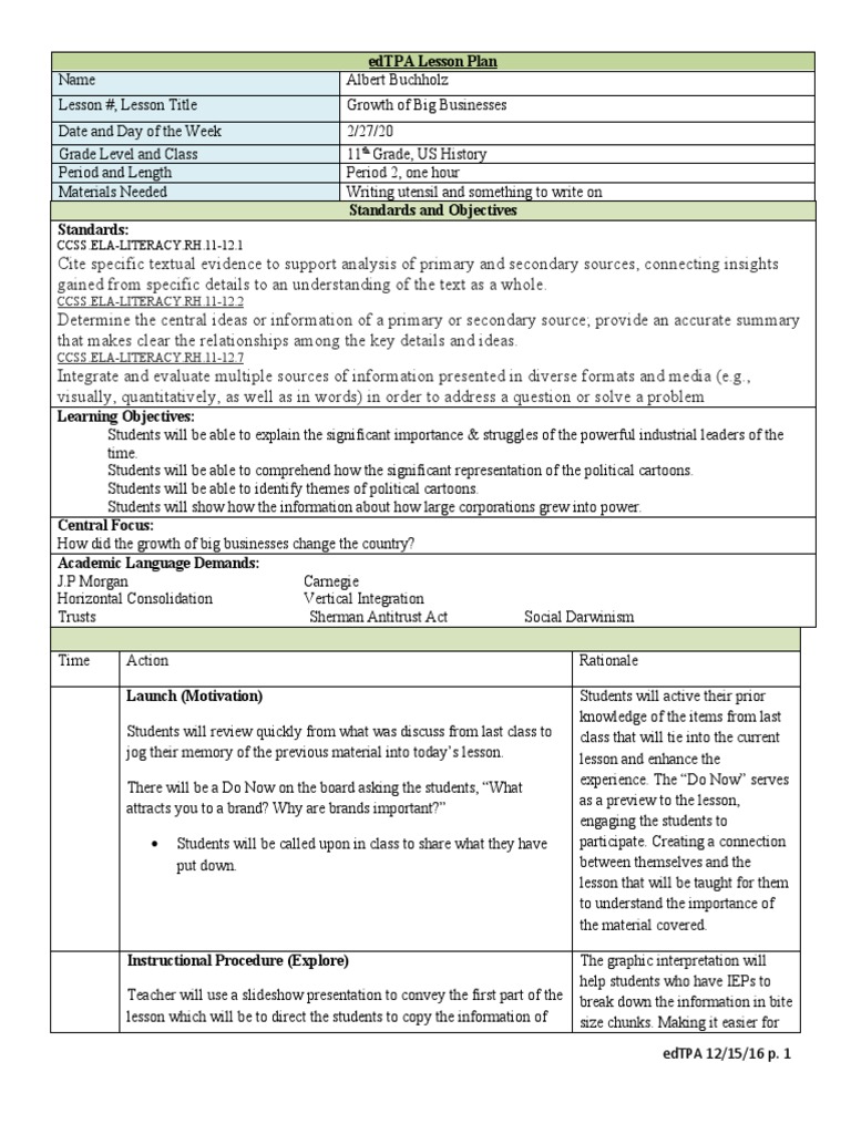 Big Business Growth in US History | PDF | Teachers | Lesson Plan