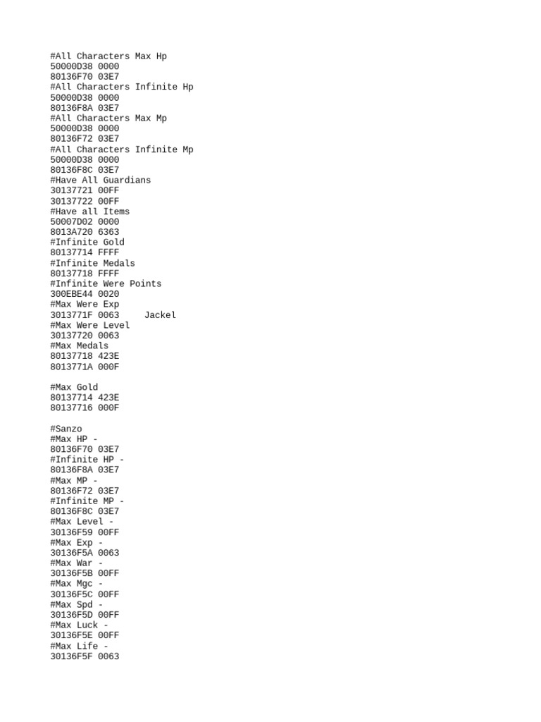 Character Stat Modifier Codes | PDF