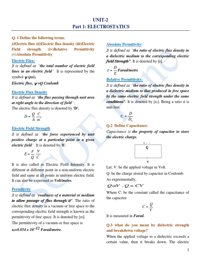 UNIT-2 Part 1: Electrostatics: Absolute Permitivity | PDF | Capacitor ...