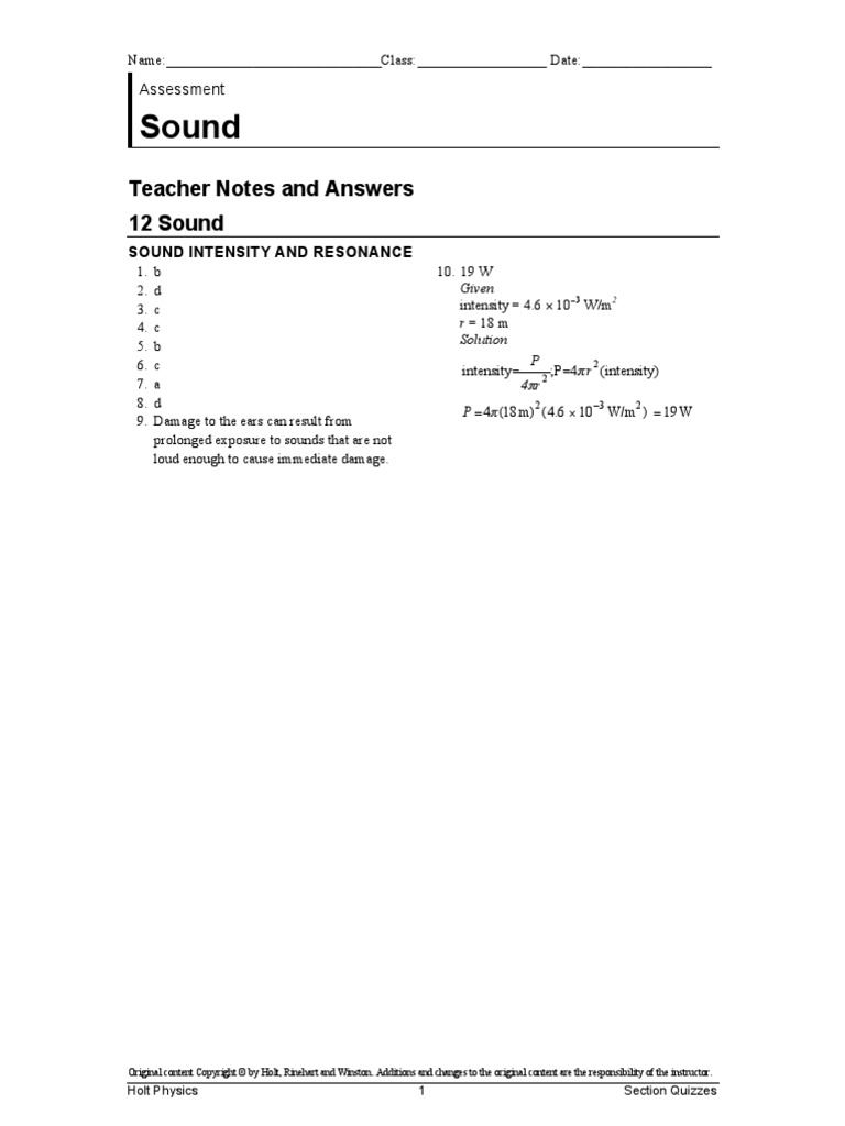 Sound: Teacher Notes and Answers 12 Sound | PDF | Sound | Decibel