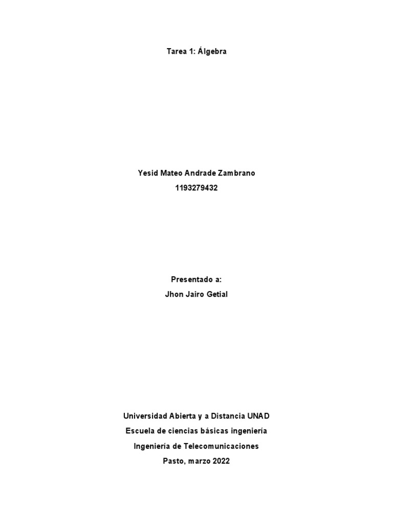 352 Yesid Andrade Tarea 1. | Descargar gratis PDF | Ecuaciones | Álgebra