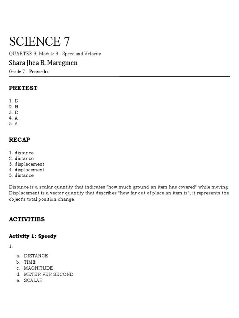 Science 7 Quarter 3 Module 3 | PDF | Speed | Velocity