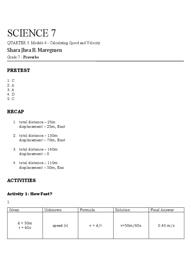 Science 7 Quarter 3 Module 4 | PDF | Speed | Velocity