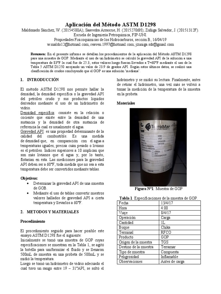 Aplicacion Del Metodo ASTM D1298 | PDF | Cantidades fisicas | Líquidos Aplicacion Del Metodo ASTM D1298 | PDF | Cantidades fisicas | Líquidos