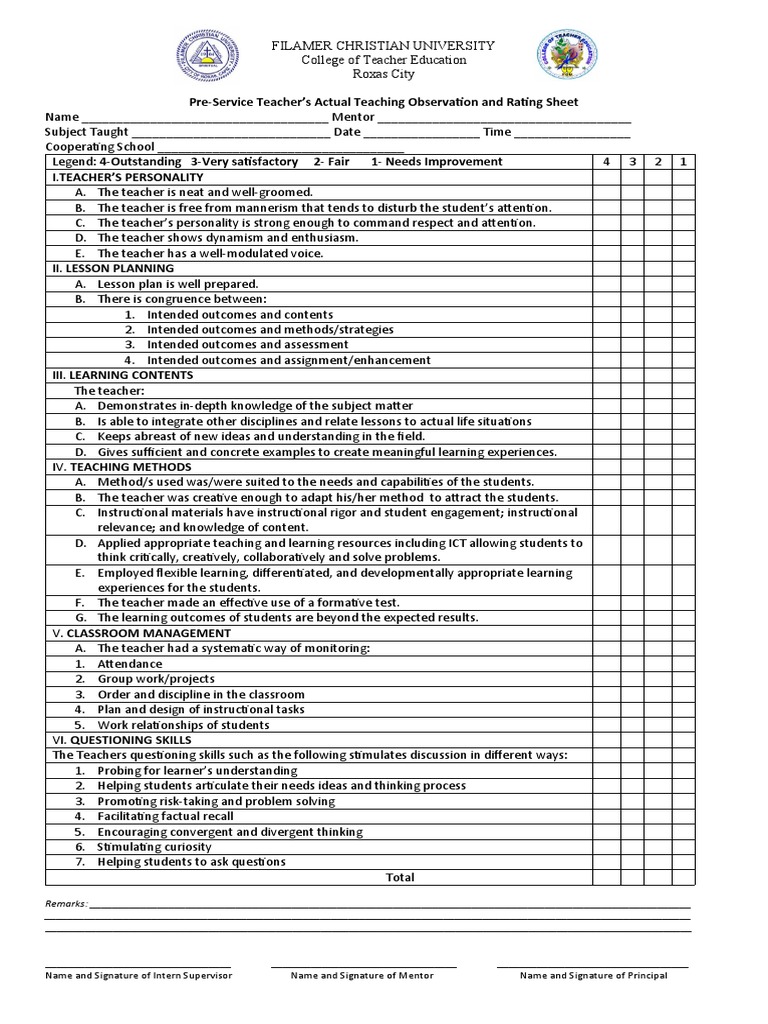 Pre-Service Teacher's Actual Teaching Observation and Rating Sheet ...