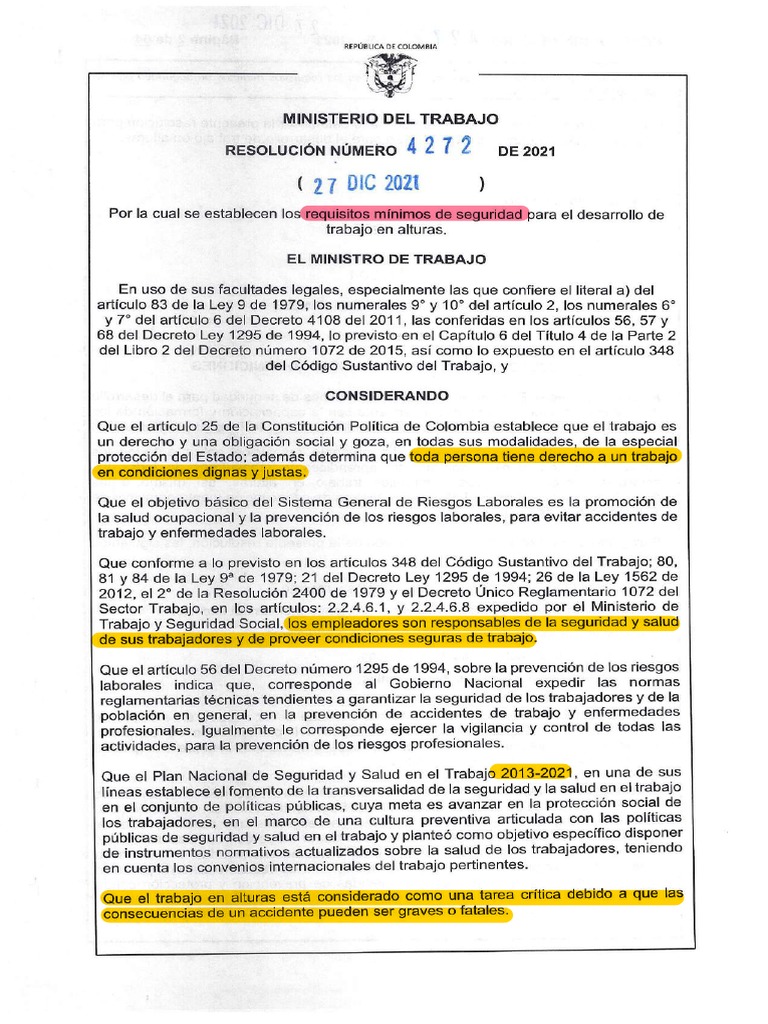 Resolución 4272 de 2021 (27dic) - Trabajo en Alturas | PDF