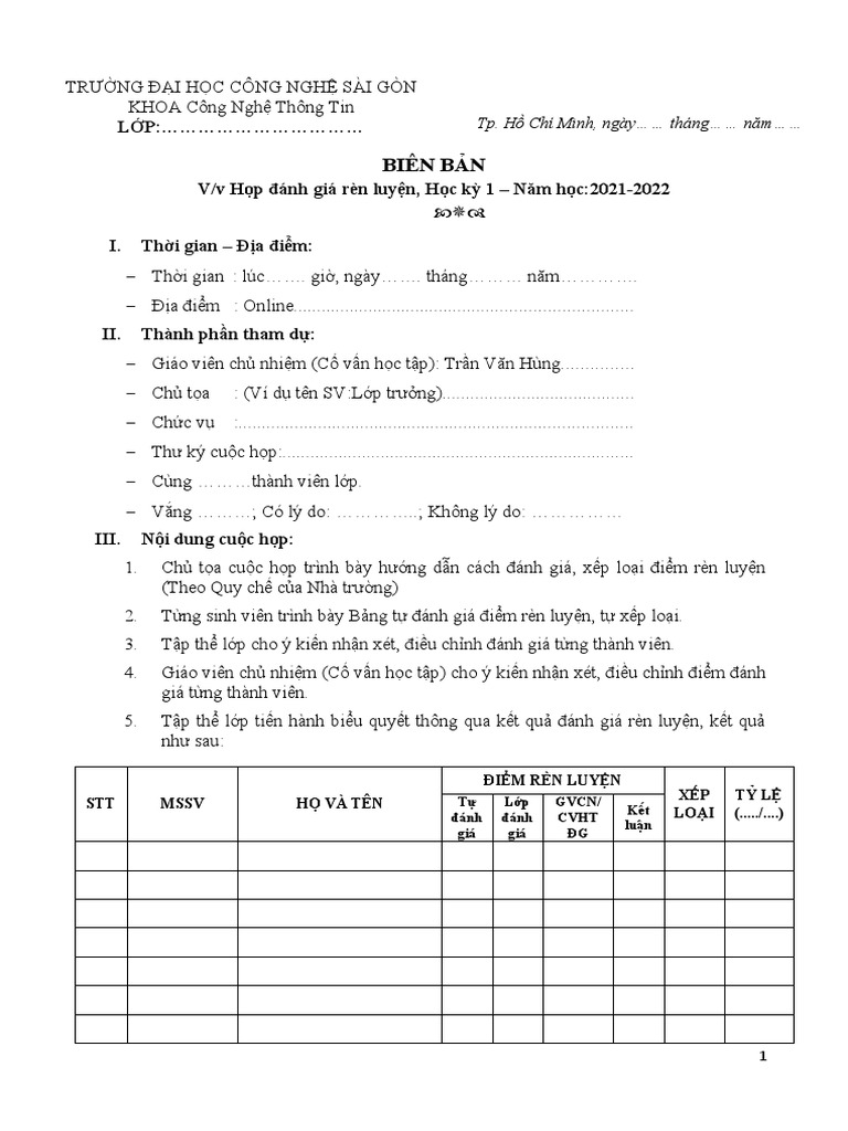 2-Mau Bien Ban Hop Lop Xet Diem Ren Luyen (Sinh Vien Dai Hoc 2016) | PDF