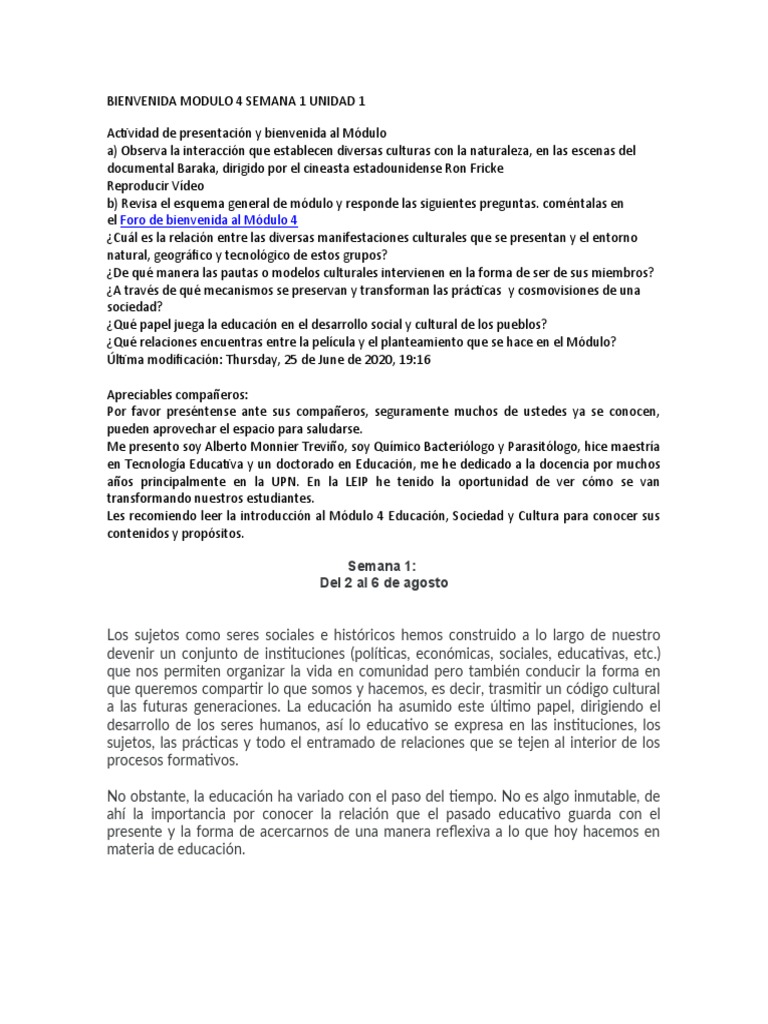 Bienvenida Modulo 4 Semana 1 Unidad 1 | PDF | Etnografía | Globalización