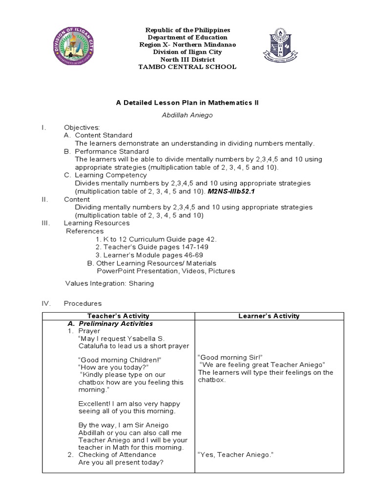 A Detailed Lesson Plan in Mathematics II | PDF | Multiplication | Teachers