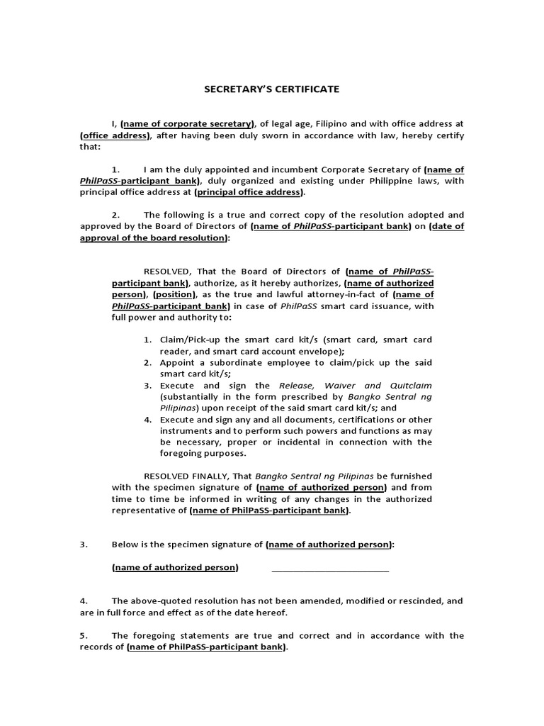 Secretary's Certificate for PhilPaSS Smart Card Authorization | PDF ...
