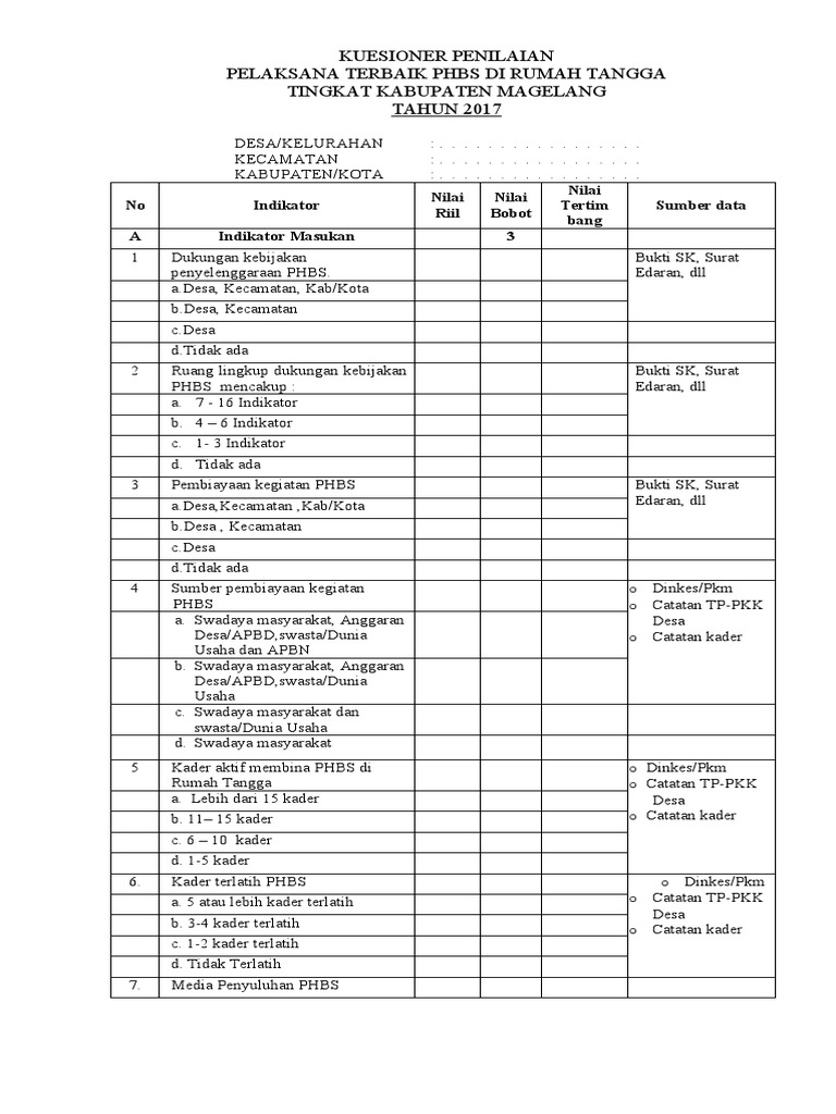 Kuesioner Penilaian PHBS RT | PDF
