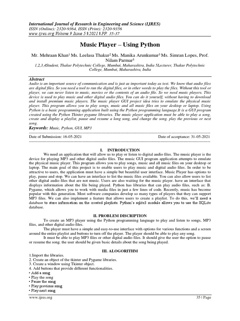 Music Player - Using Python | PDF | Graphical User Interfaces | Library ...